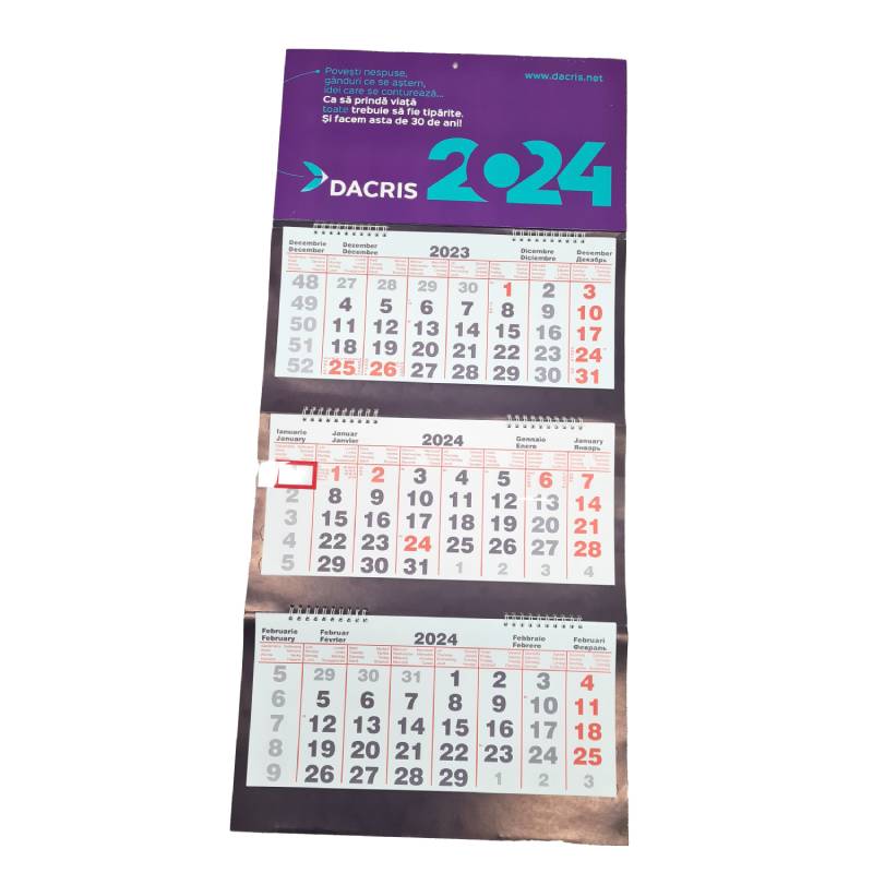 Calendar personalizat triptic cu spira - Dacris.net